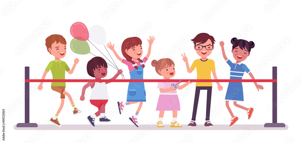 Happy children at red ribbon cutting ceremony. Kids at grand festive ...