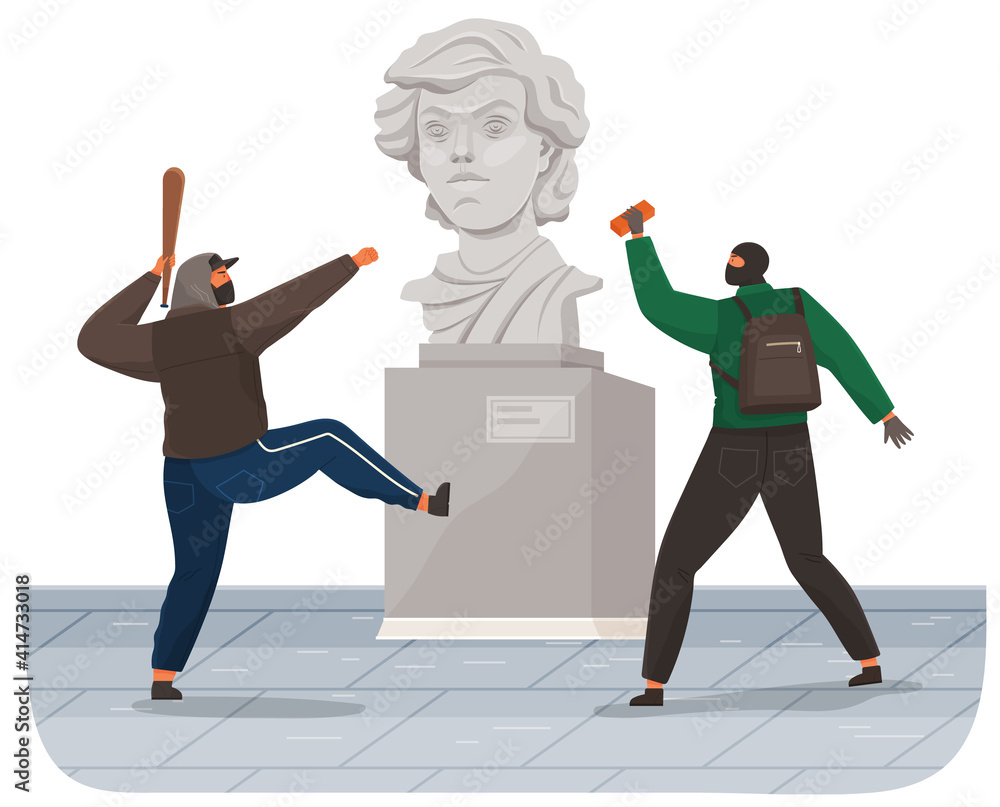 Vandals damaging the monument in public park. Bandits in masks and ...