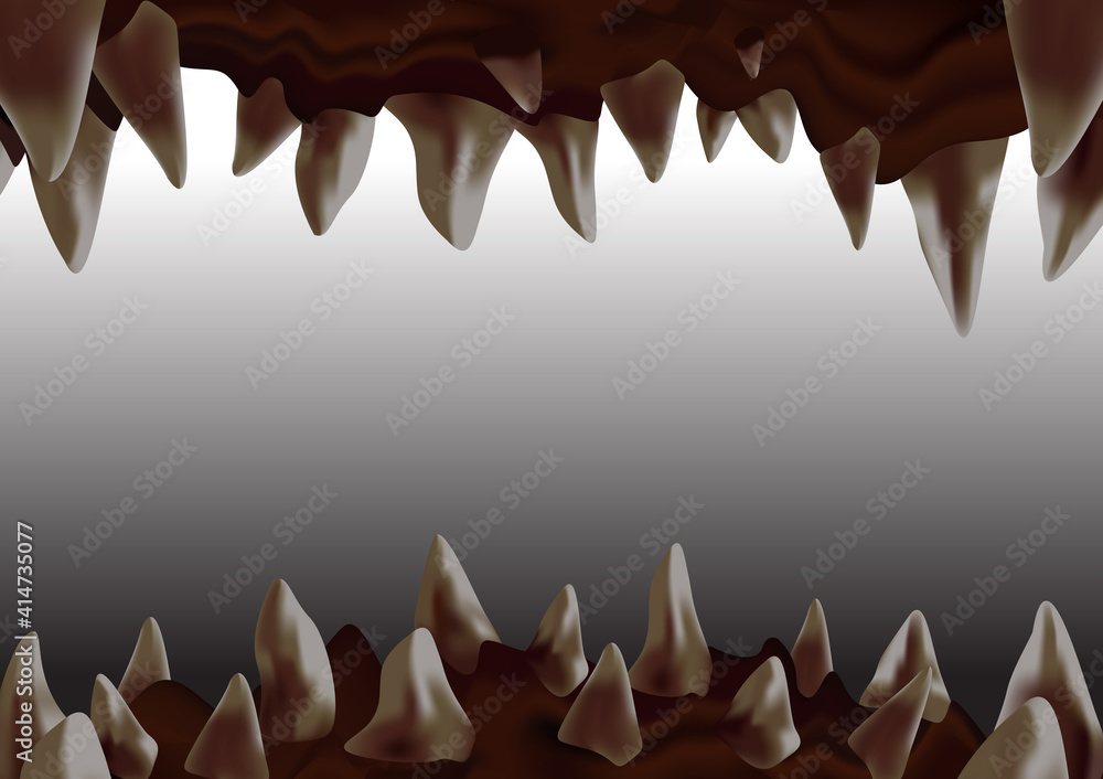 3d monster open mouth with crooked sharp teeth ready to bite, view from ...