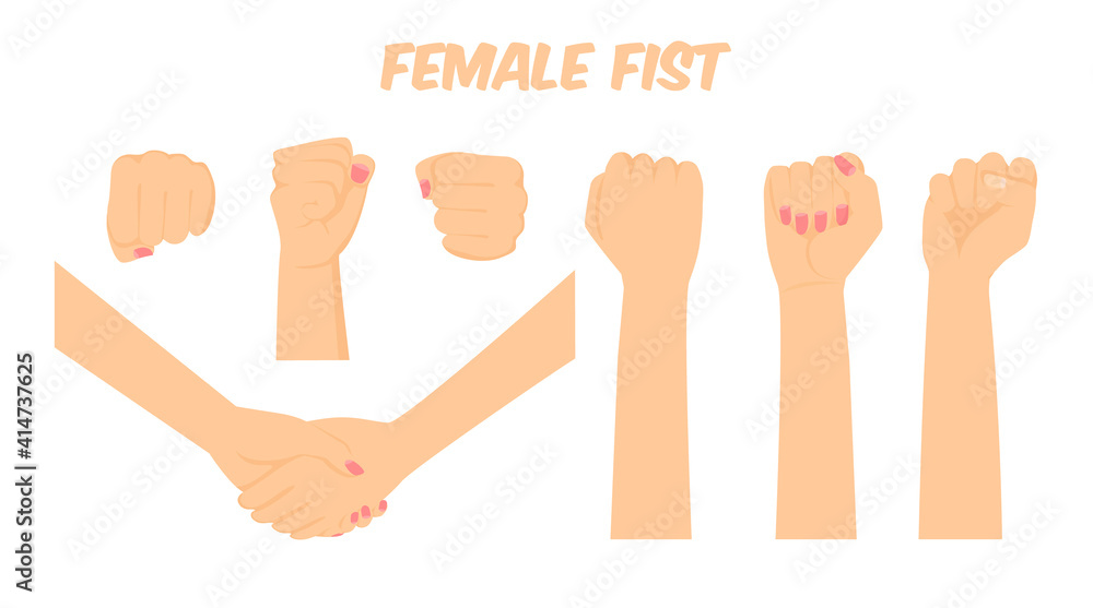 cartoon white female hand forming a fist viewed form different angles ...