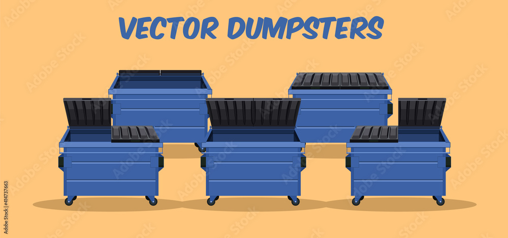 flat cartoon design of blue dumpster containers for plastic isolated on ...