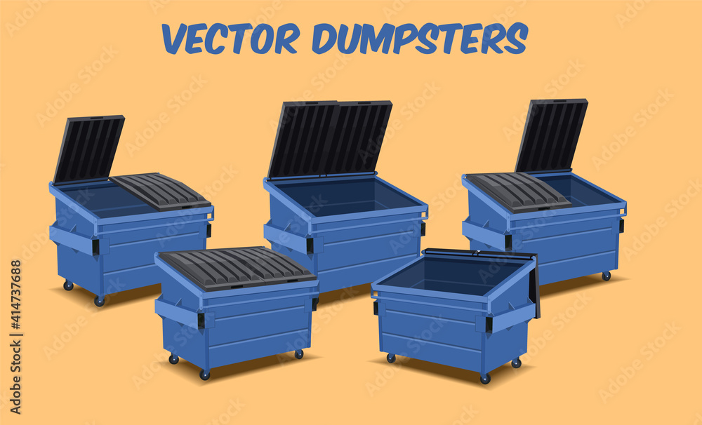 flat cartoon design of blue dumpster containers for plastic isolated on ...