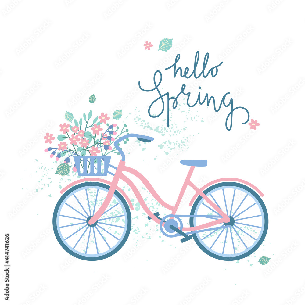 Hello spring card. Bicycle with a beautiful bouquet of flowers and ...