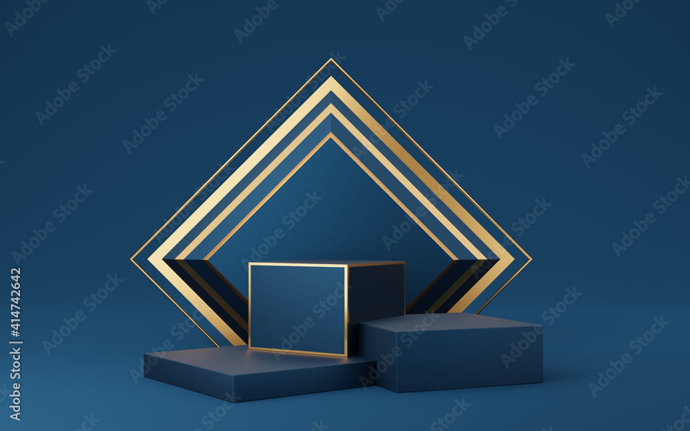 Empty blue cube podium and gold square on blue background. Abstract ...