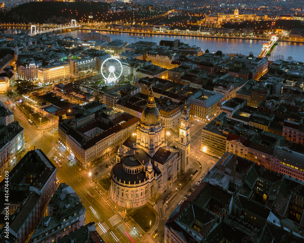 Aerial evening cityscape about budapest downtown. Included st Stephen ...