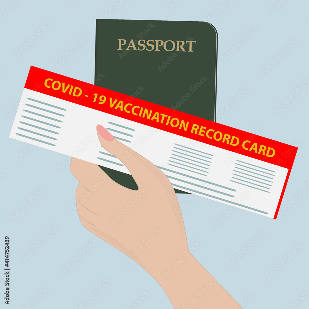 Vaccination record card Covid-19, passport in female hand - vector ...