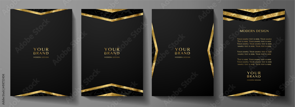 Modern black cover design set with gold geometric lines (triangle ...