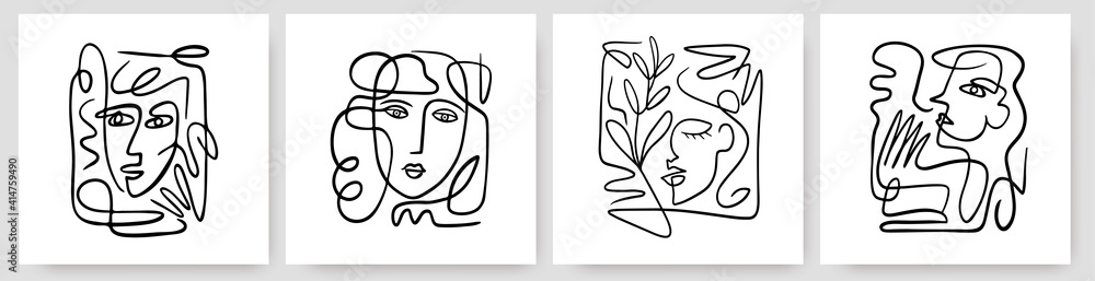 Contemporary abstract faces in one line art style on colorful shapes ...