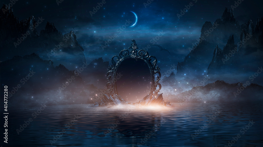 Abstract night fantasy landscape with mountains, river bank. An island ...