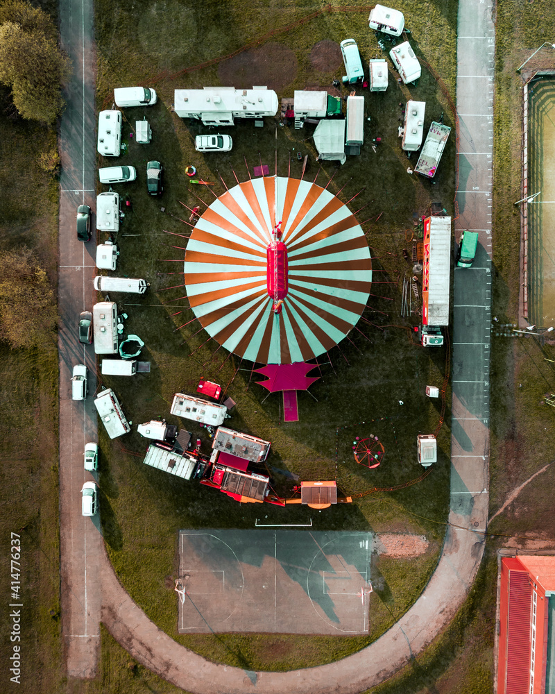 Circus Tent In Sport Stadium From Sky Photographed With Drone Stock