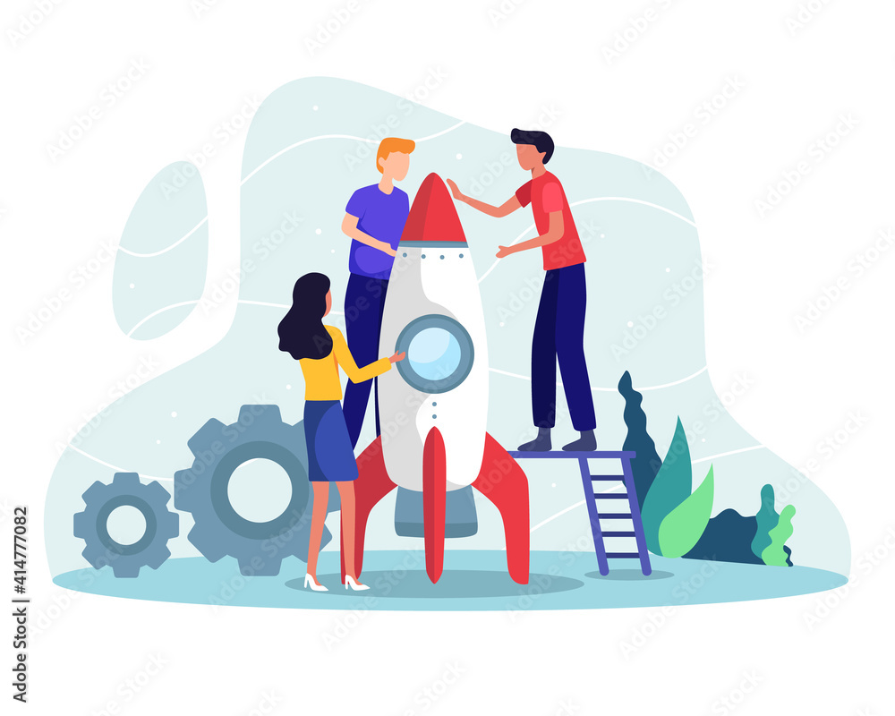 Rocket launch concept. People prepare rocket for launch, Teamwork and startup concept. Business ...