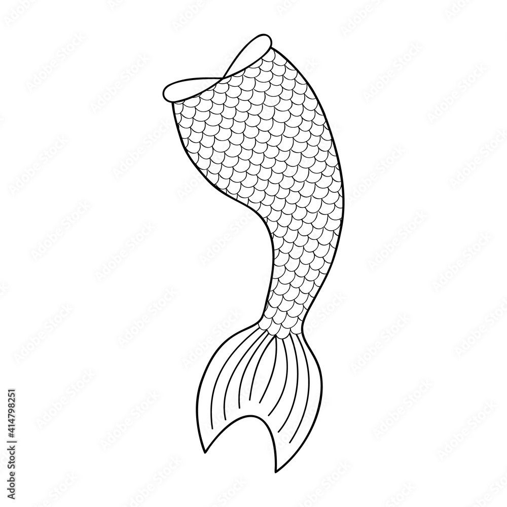 Outline mermaid tail isolated on white background. Coloring book line ...