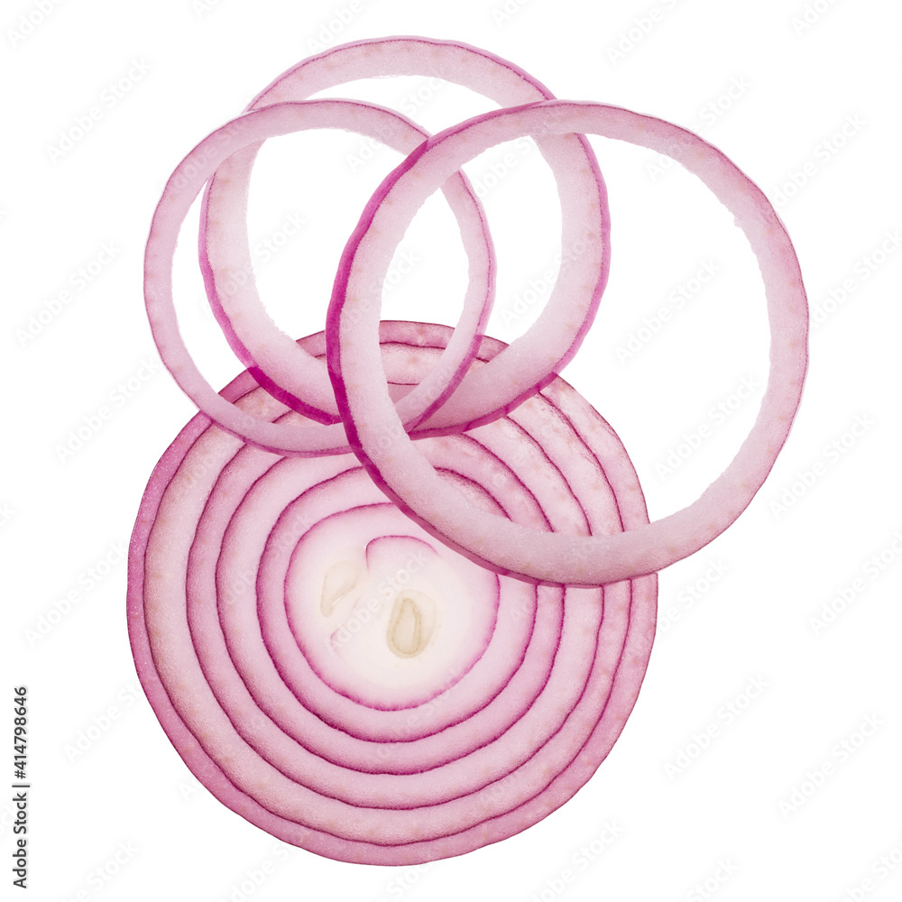 red onion slices isolated on white background. Top view. Flat lay. Red ...