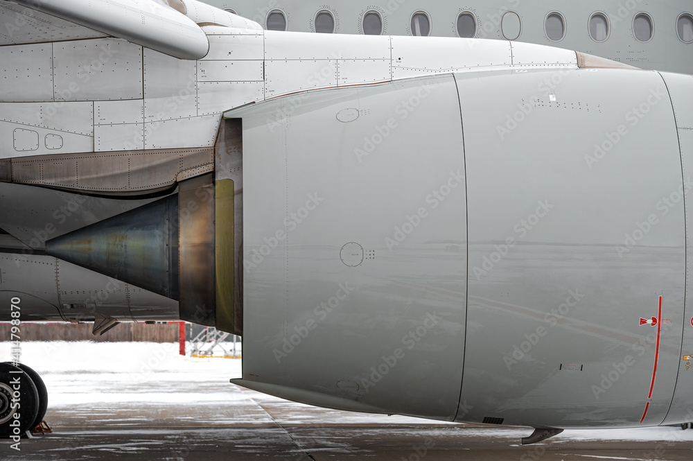 Aircraft Jet Engine turbine. Modern passenger airplane parked at the ...