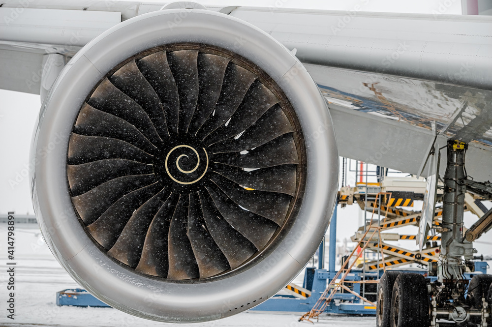 Aircraft Jet Engine turbine. Modern passenger airplane parked at the ...