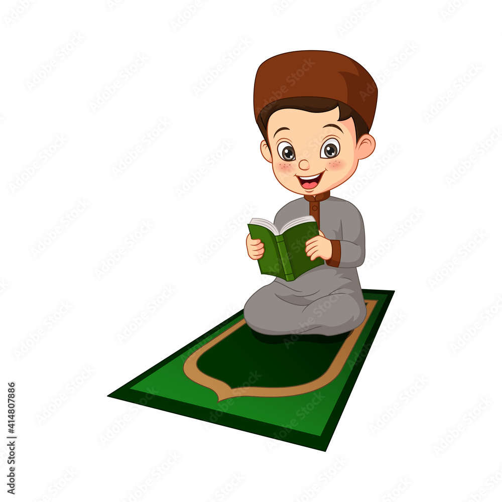 Cartoon Muslim boy reading Quran book Stock Vector | Adobe Stock