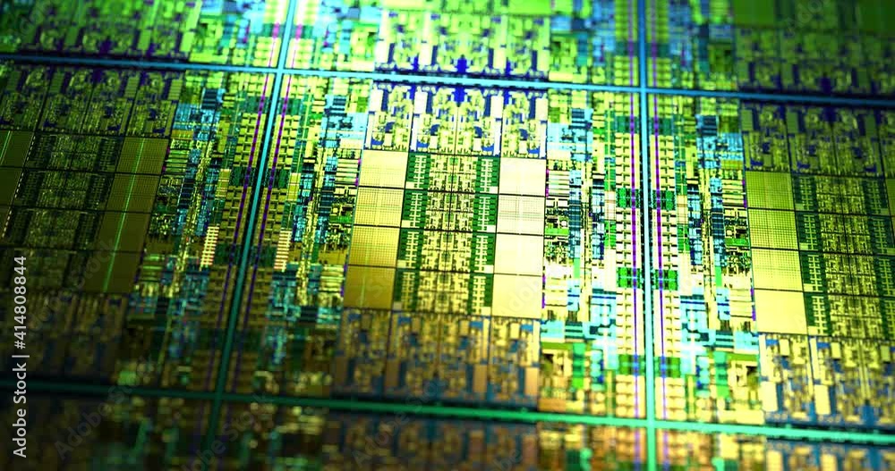 Close-up Macro of modern CPU Die Chip Processor on wafer for hi-tech ...