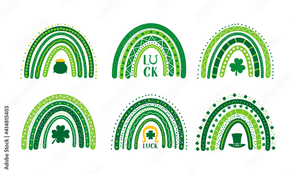 St. Patricks day rainbow. Set of 6 hand drawn cute boho rainbow. Saint ...