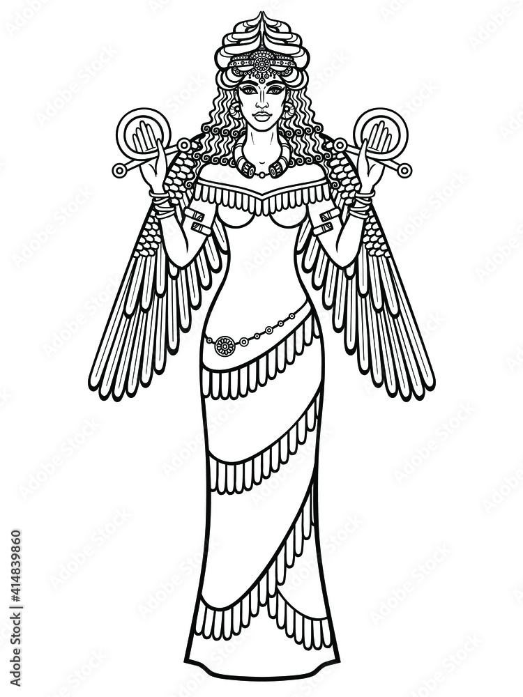 Cartoon drawing: a beautiful woman in a horned crown, a character in ...