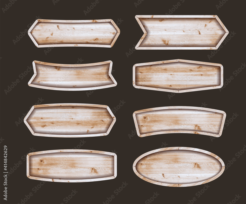 Wooden stickers label collection. Set of various shapes wooden sign ...