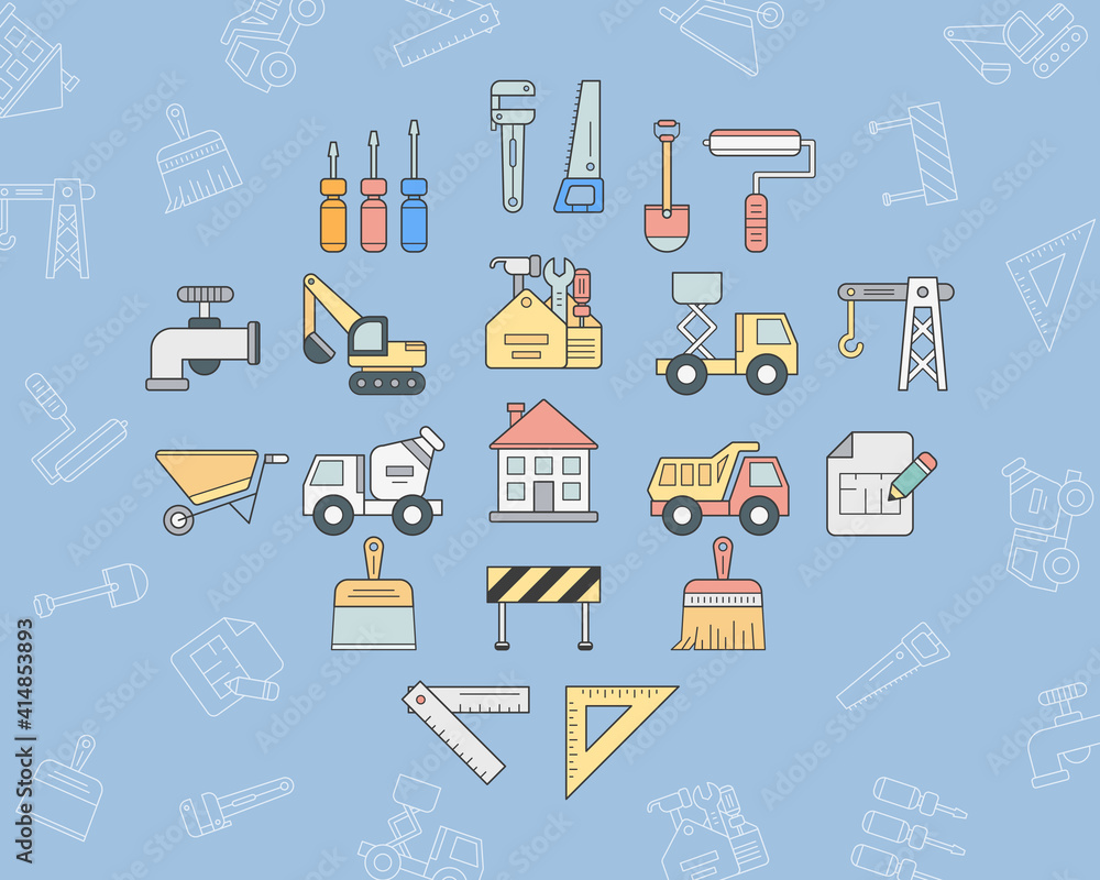 Construction Icons set - Vector color symbols and outline of building ...