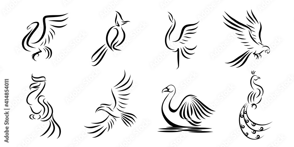 Set of eight vector images of different birds. Line drawing Can be used ...