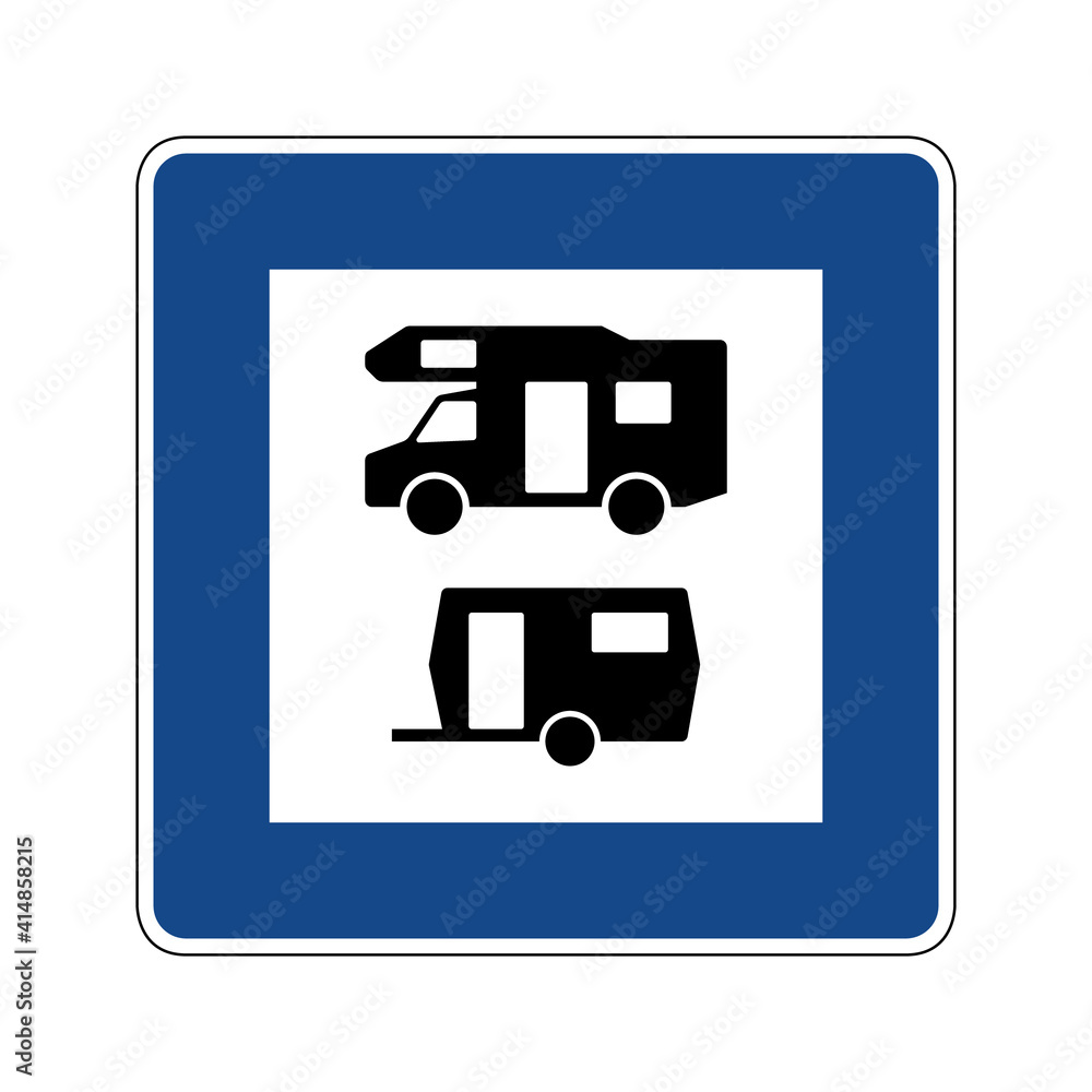 Campsite road sign. Vector illustration of blue traffic sign with ...
