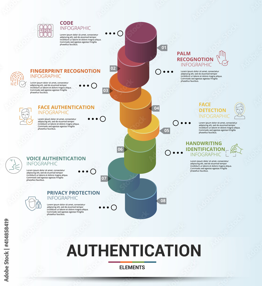 Infographic Authentication template. Icons in different colors. Include ...