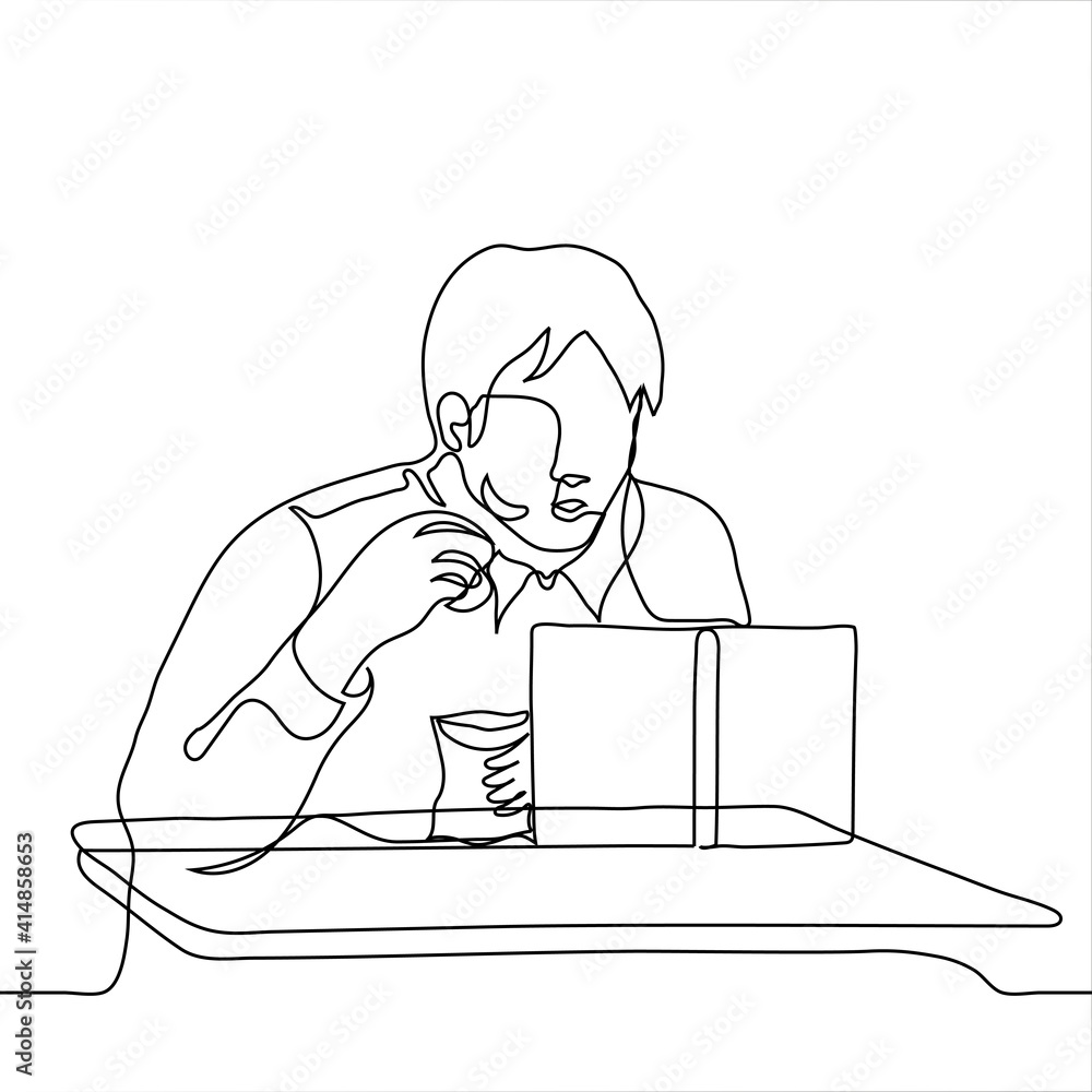 student eats hiding snacks behind a standing book - one line drawing. a ...