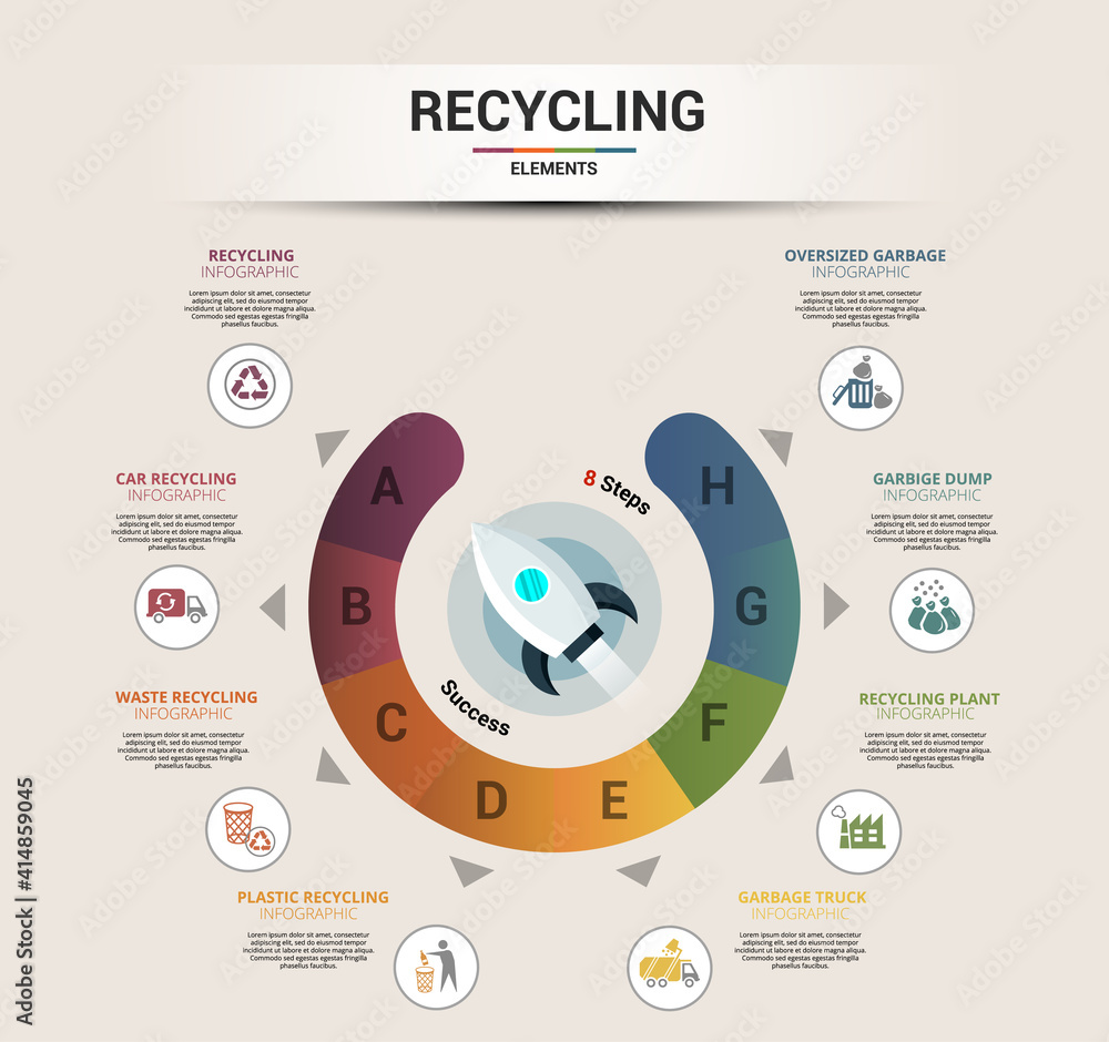 Infographic Recycling template. Icons in different colors. Include ...