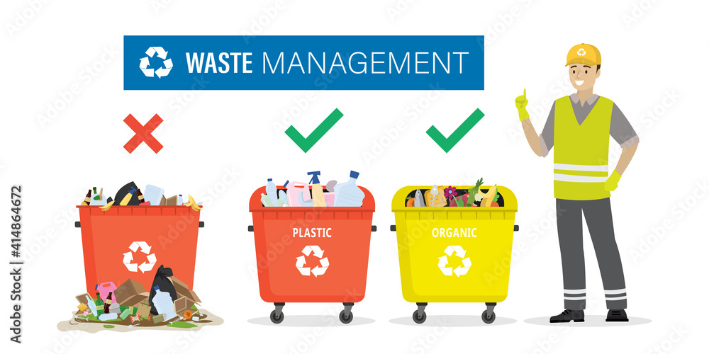 Waste management, horizontal banner. Trash can with various rubbish ...