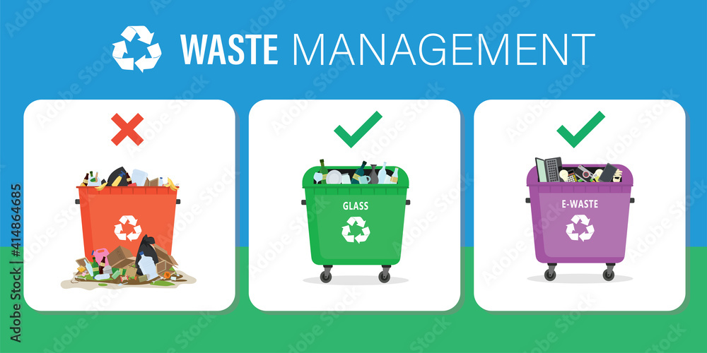 Waste management, horizontal banner. Trash can with various rubbish ...