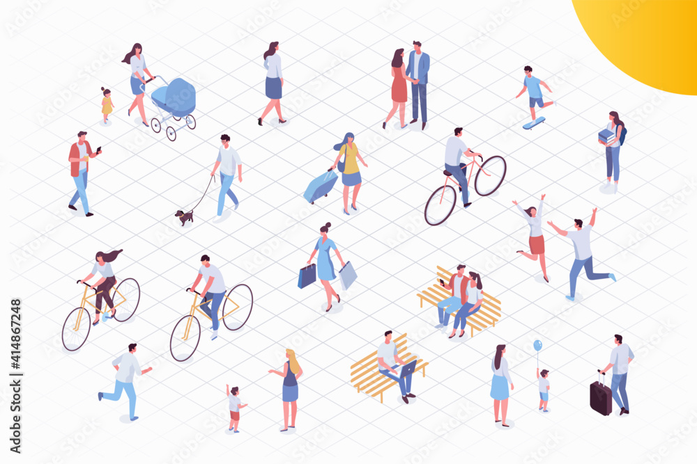 Isometric vector background people. City street, park. Different people ...
