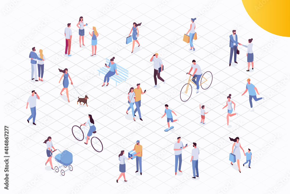 Isometric vector background people. City street, park. Different people ...