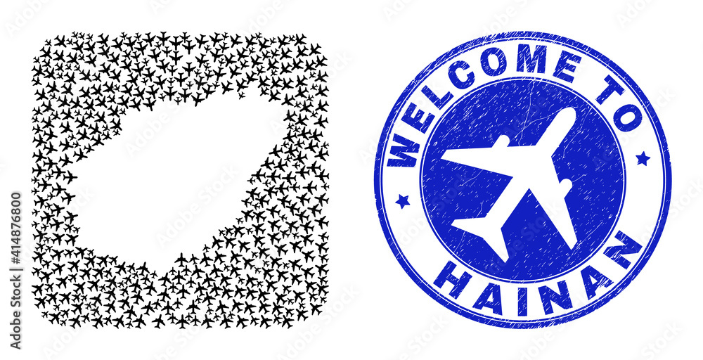 Vector mosaic Hainan map of air flight items and grunge Welcome badge ...