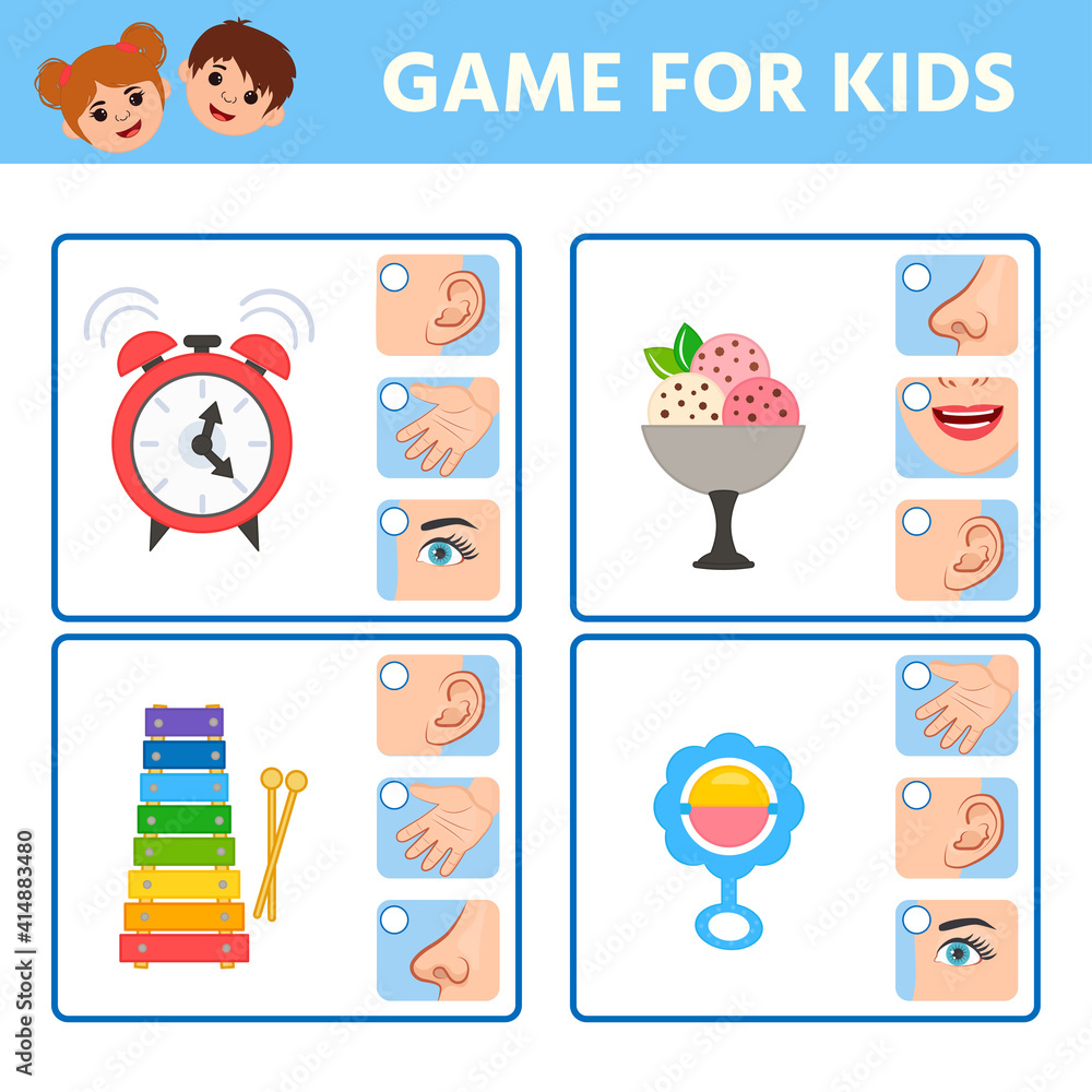Game for children to develop logic. Five senses illustrations. Sight ...