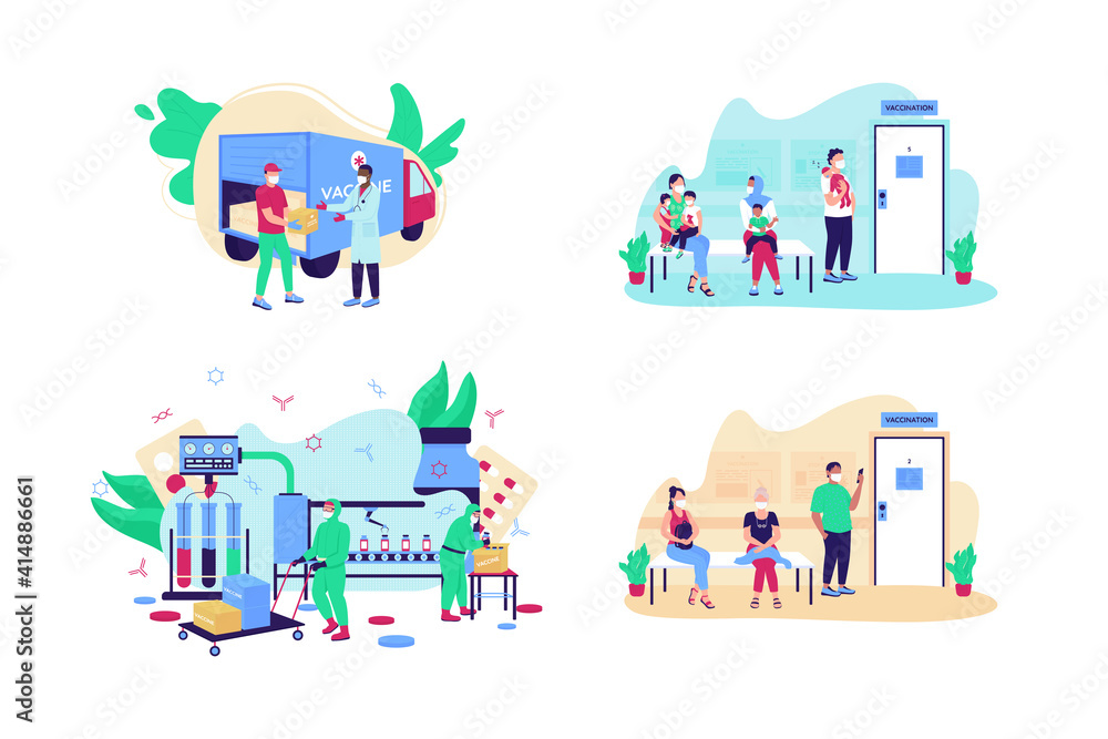Covid vaccine flat concept vector illustration set. Drug development ...