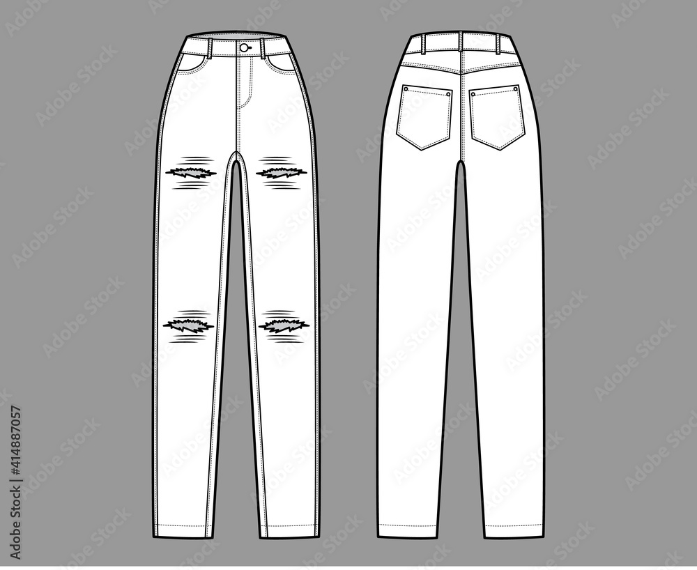 Ripped Jeans distressed Denim pants technical fashion illustration with ...