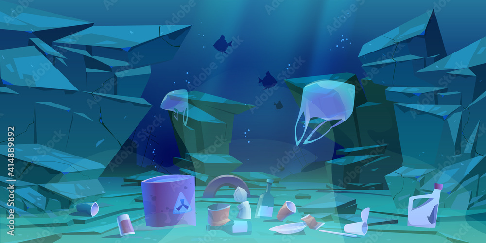 Plastic garbage on ocean bottom. Sea floor with different kinds of ...