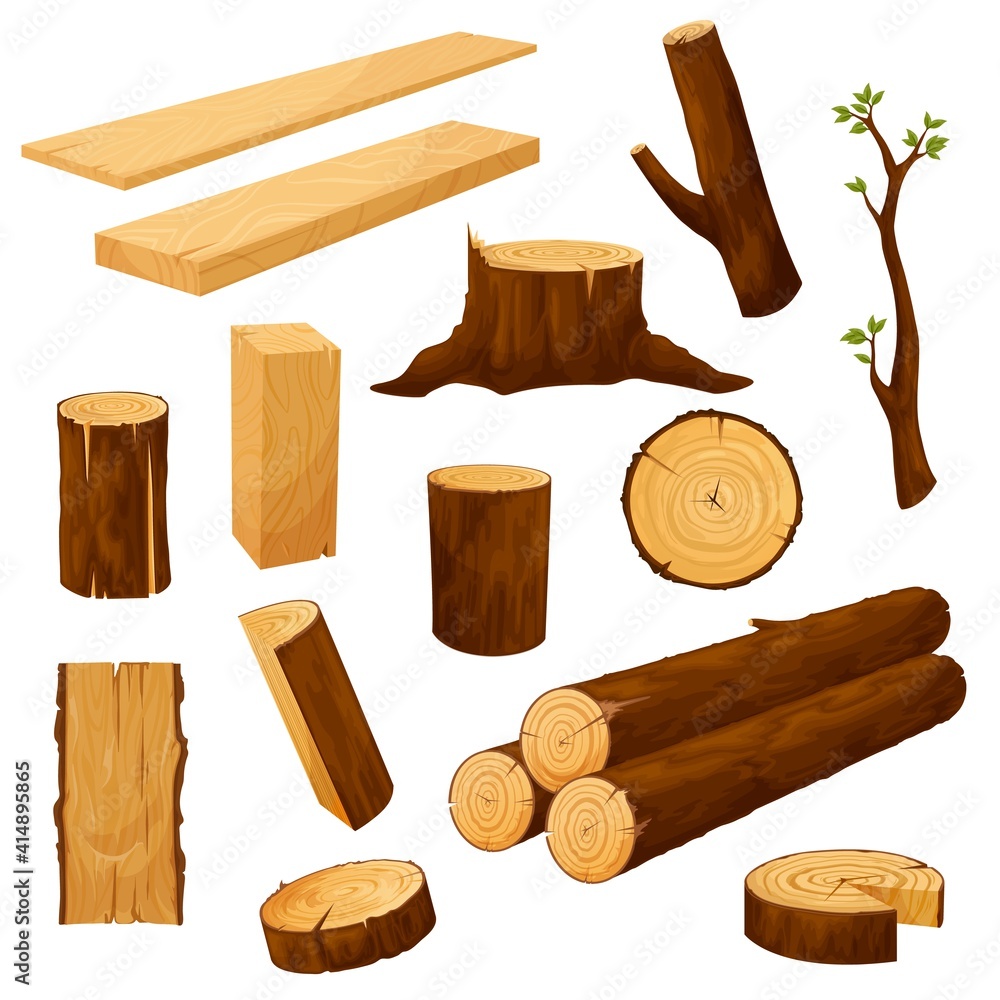Tree stump, timber materials and wooden logs. Wooden plank, beam and ...