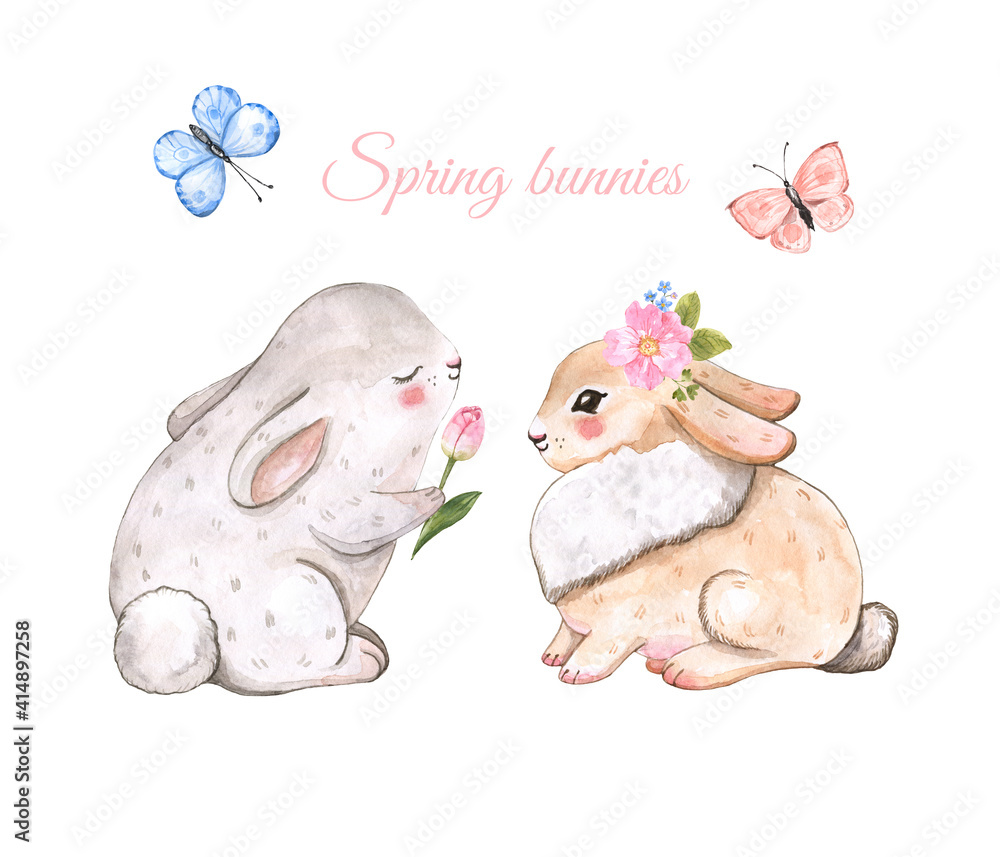 Cute bunny illustration. Watercolor bunnies in cartoon style. Two ...