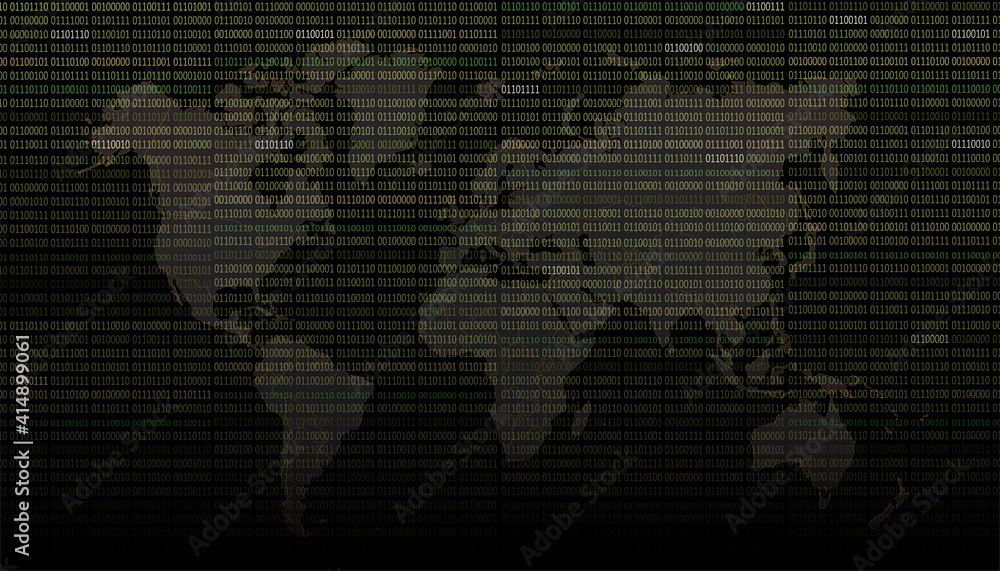 World map with 01 or binary numbers on the computer screen on monitor ...