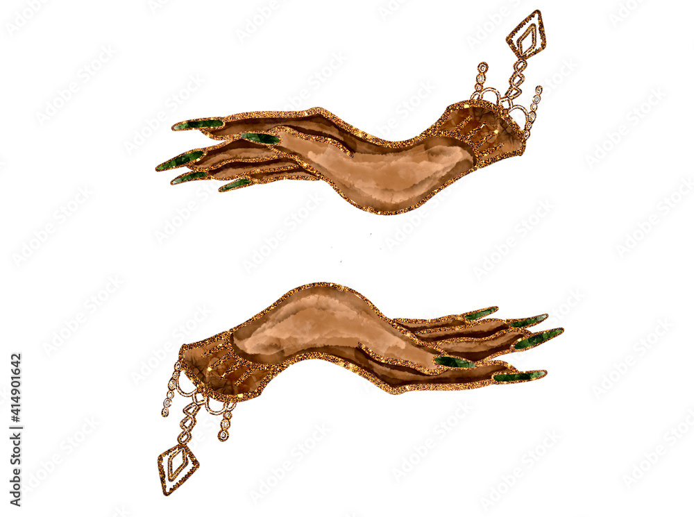 Palmistry golden hands with golden bracelets. Hand drawn watercolor ...