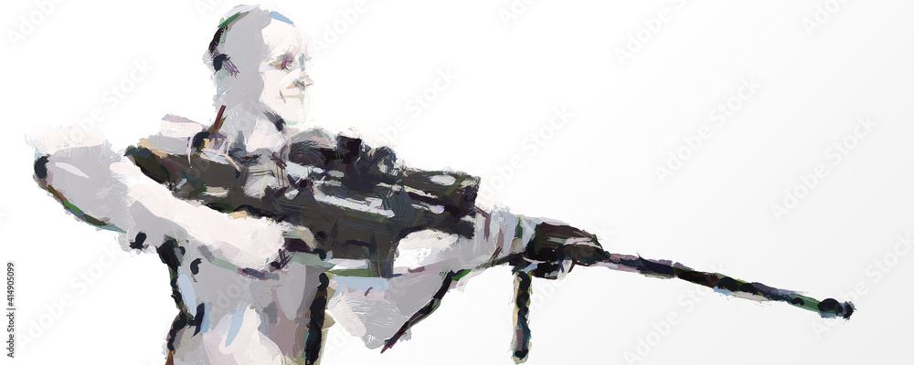 A sniper with a shaved head holds a sniper rifle and smiles. Painting ...