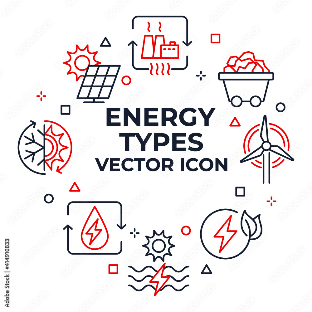 Set of Energy Types icon. Hydroelectric Power Station, Solar Cells and ...