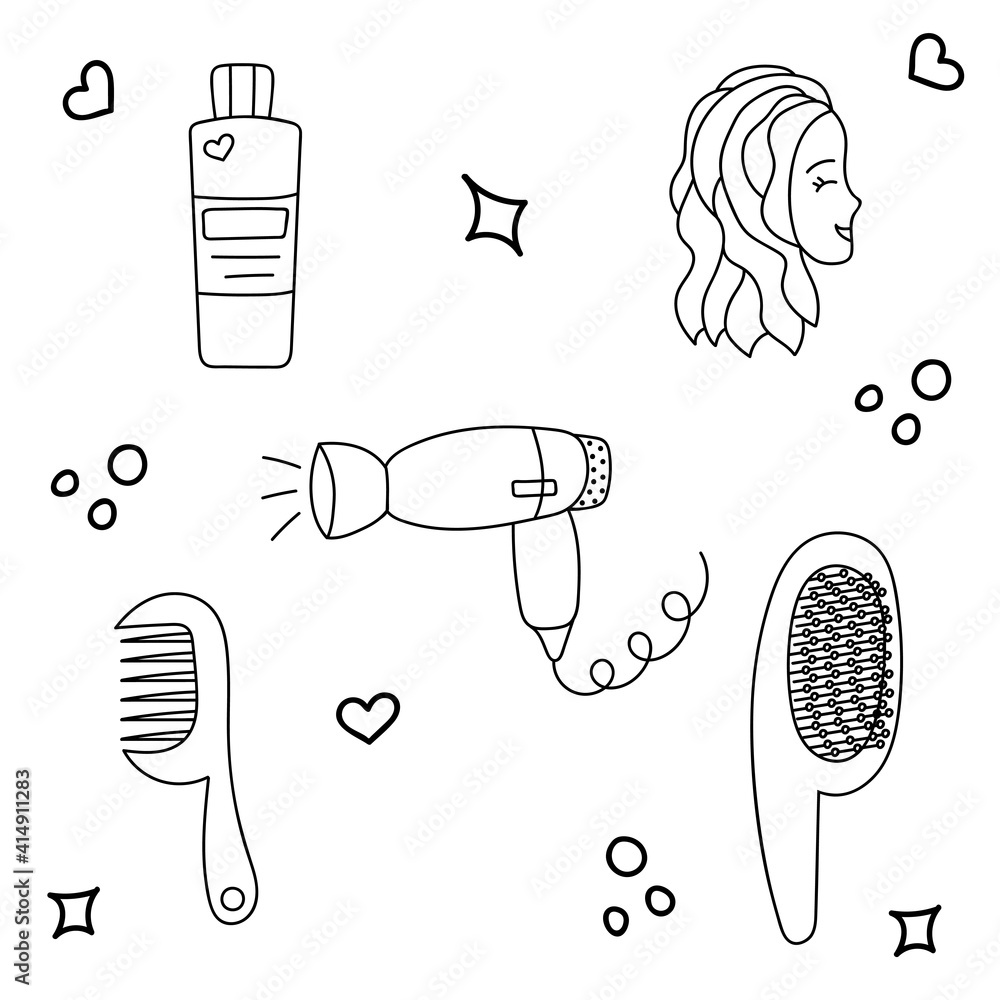 Cute hand drawn set with hairdryer, different combs, bottle of shampoo ...
