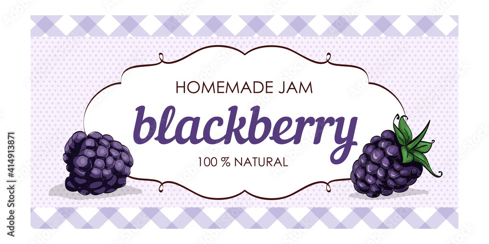 vector label of blackberry with polka dot background and colored border ...