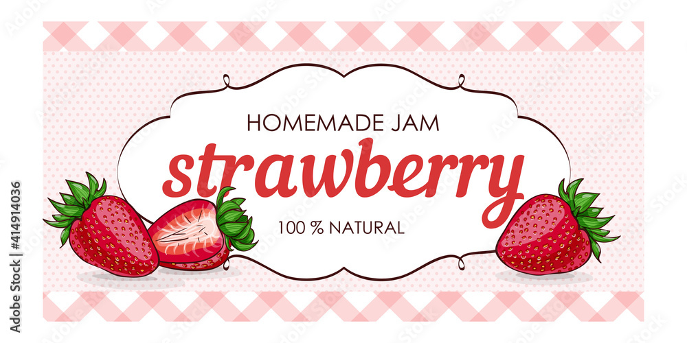 vector label of strawberry with polka dot background and colored border ...