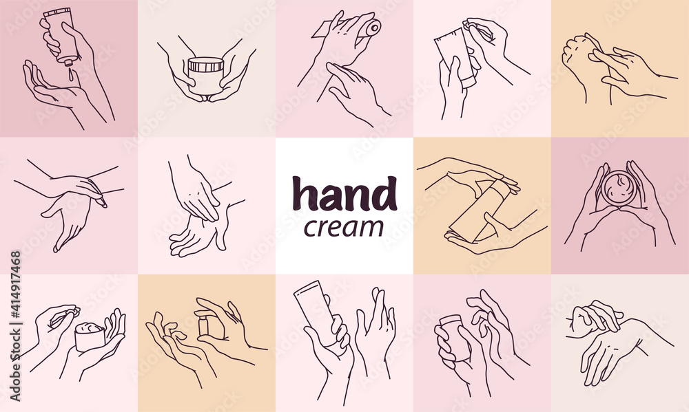 Collection of human hands with hand cream and moisturizer tube, can in ...