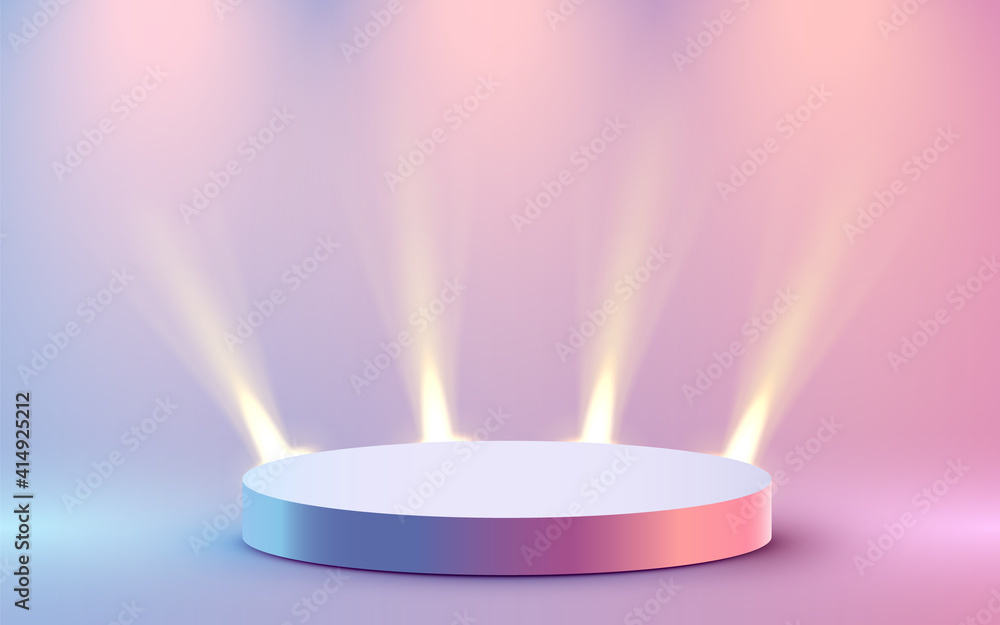 Abstract round podium illuminated with spotlight. Award ceremony ...